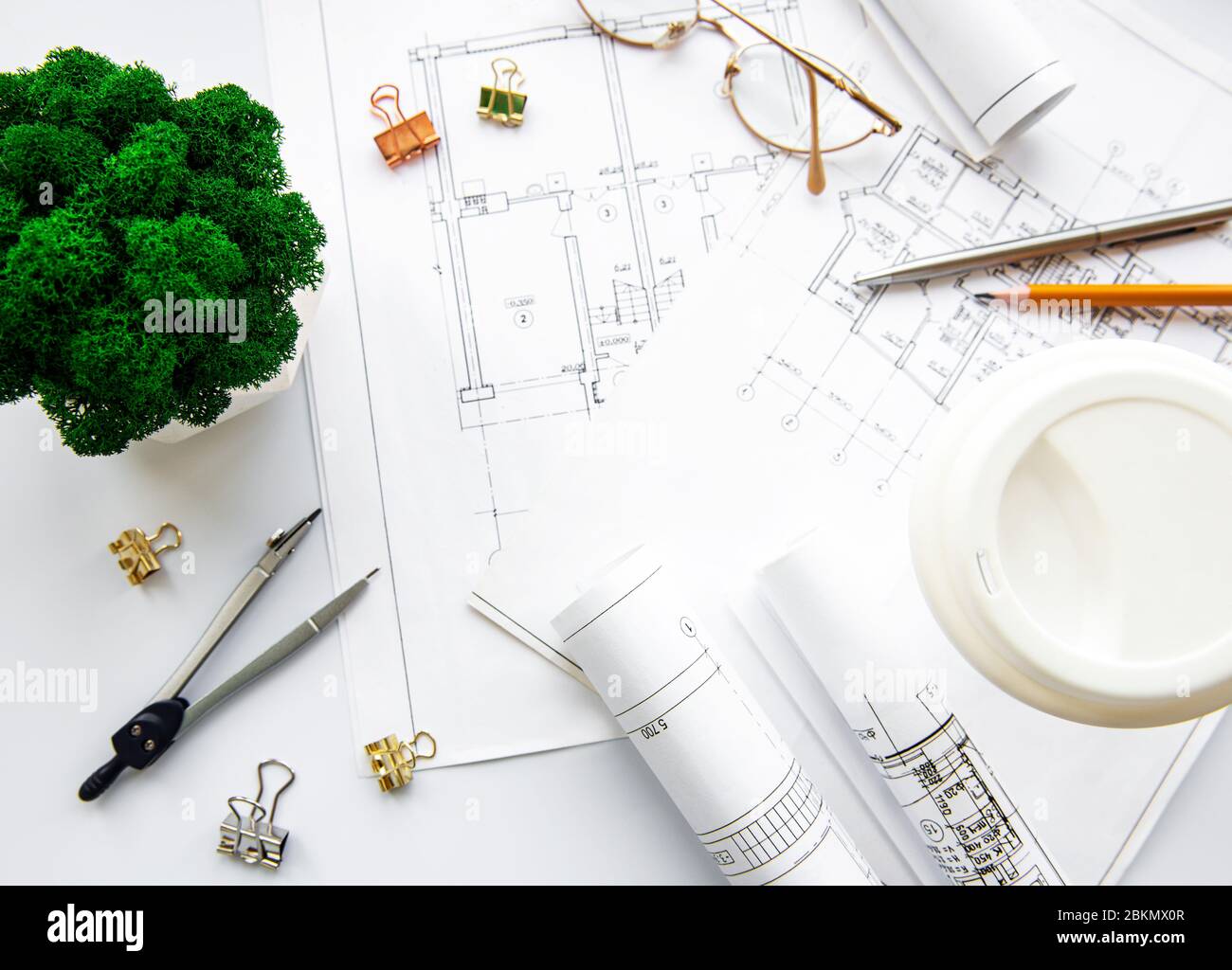 Architect workplace top view. Architectural project, blueprints ...