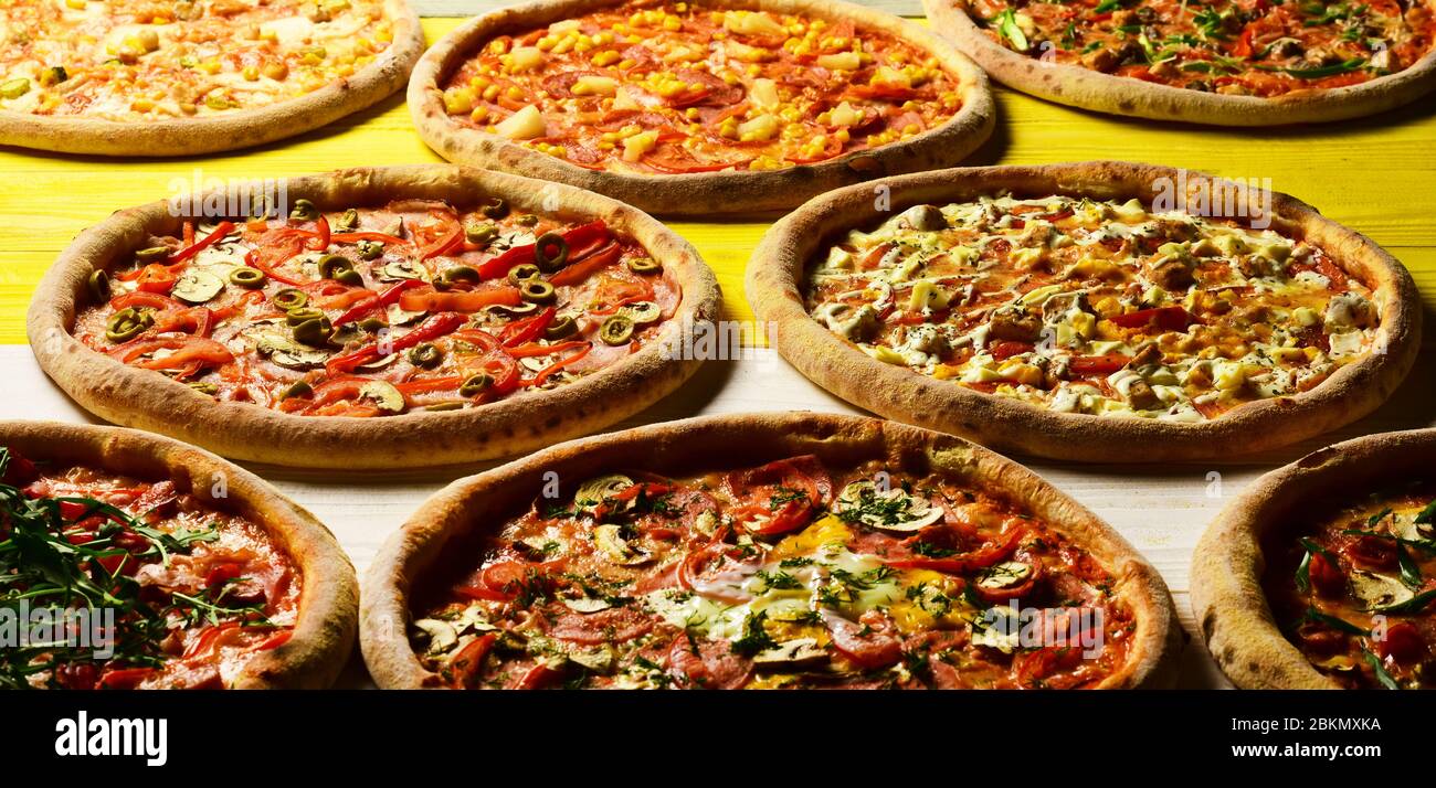 Fast food restaurant concept. Different pizzas set for menu. Pizza ...