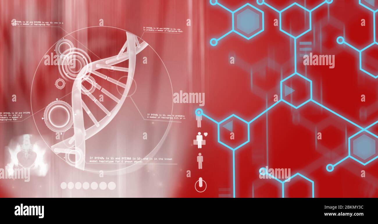 Digital illustration of medical icons and DNA strain on a red ...