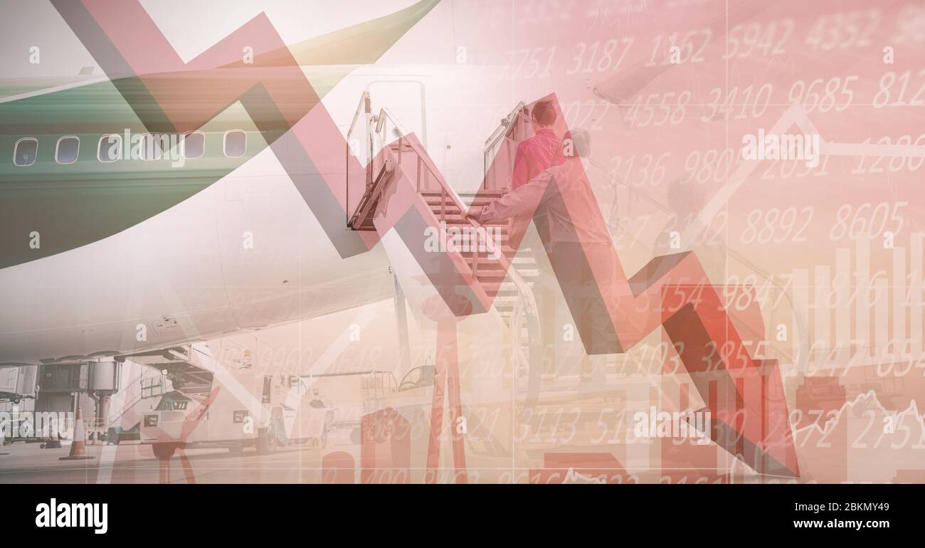 Digital illustration of people walking into a plane over a global ...