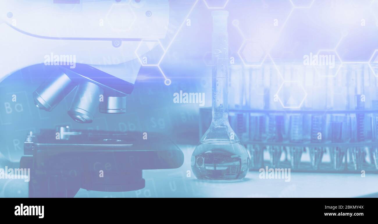 Digital illustration of a microscope and test tubes on a white and blue ...