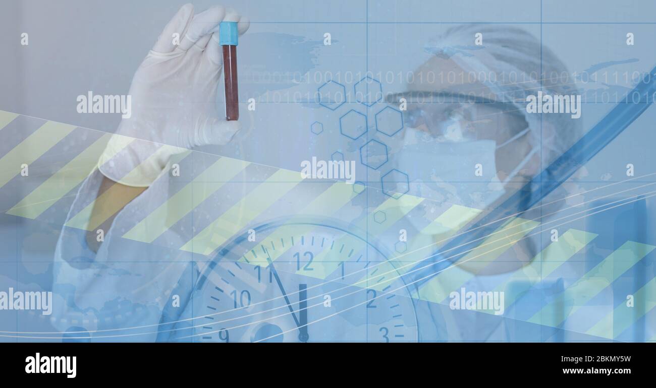 Digital illustration of a scientist holding a test tube over a a clock ...