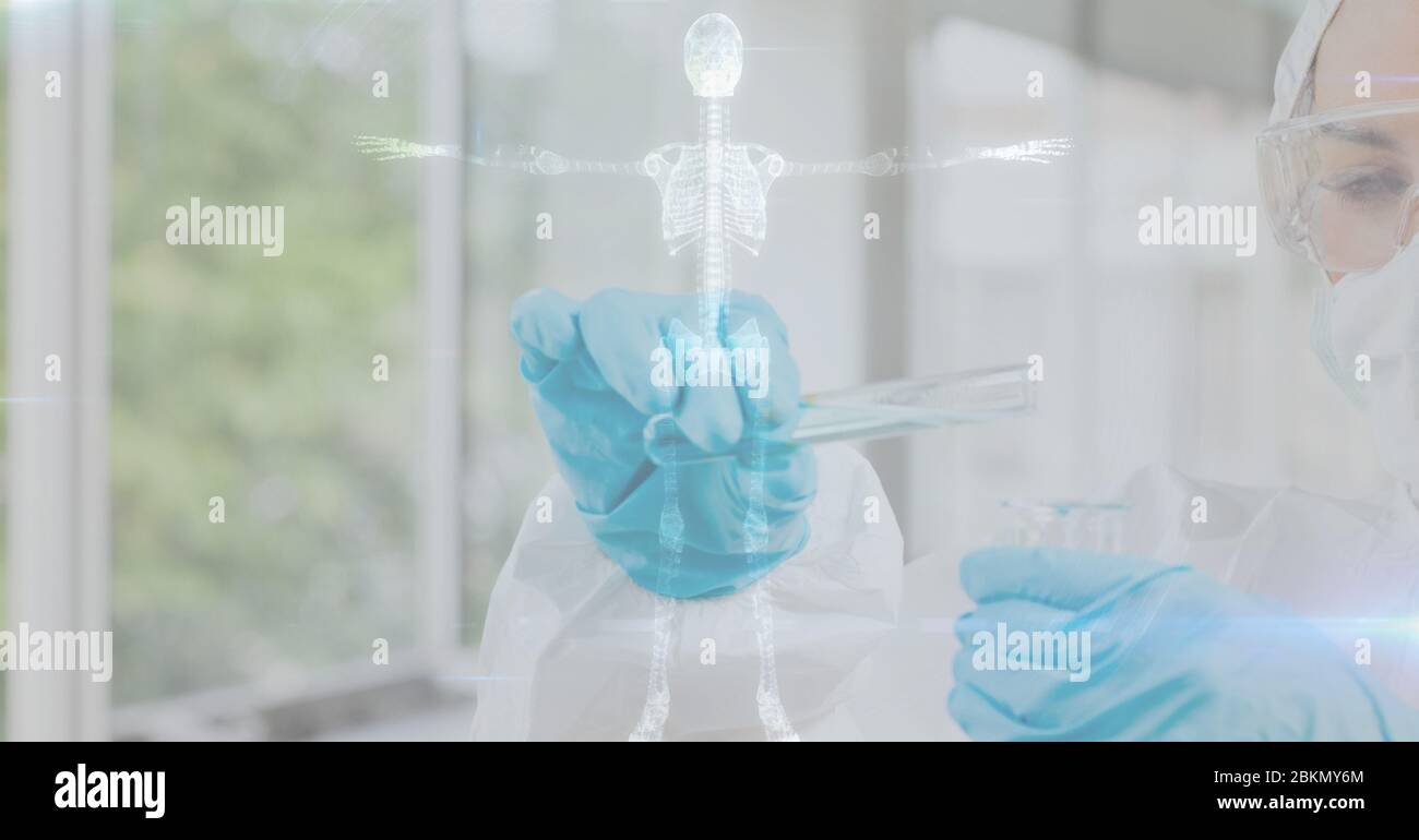 Digital illustration of a scientist holding a test tube over a 3D ...