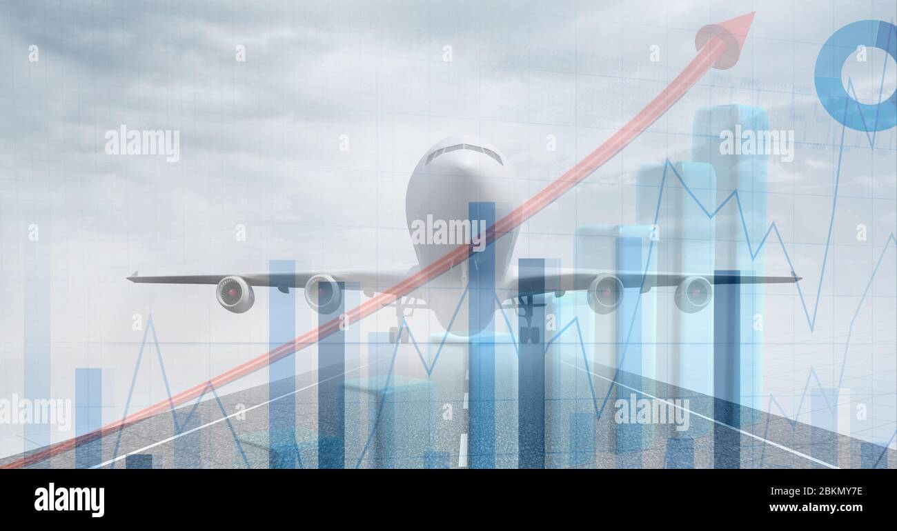 Digital illustration of a plane taking off over data processing and ...