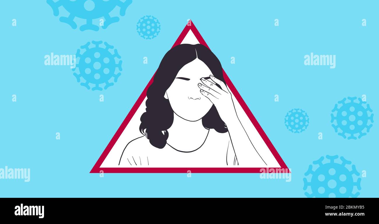 Digital illustration of a warning sign with woman touching her face ...