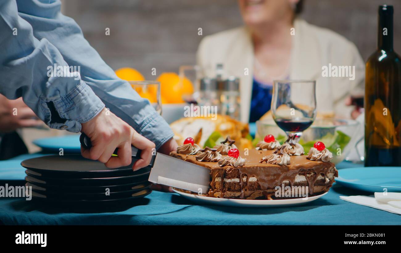 Close up of young woman slicing delicious cake at her birthday for the ...