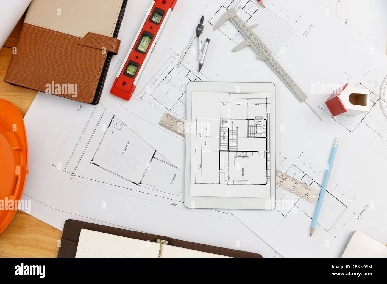 Engineer and Architect concept, Top view of Interior designer desk with ...
