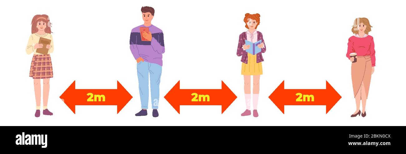 People keep social distance. Arrows indicate distance. Student ...