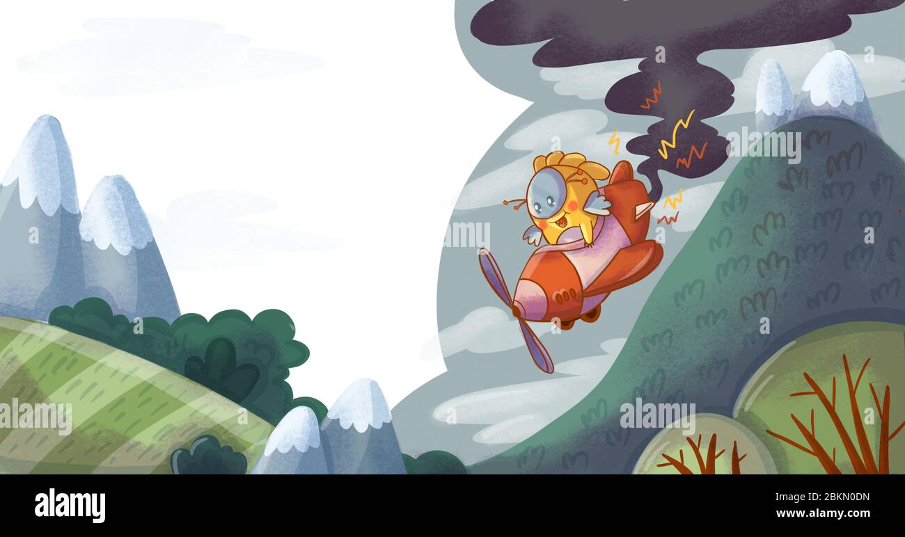 Cute cartoon Monster pilot flying a plane on a forest background with ...