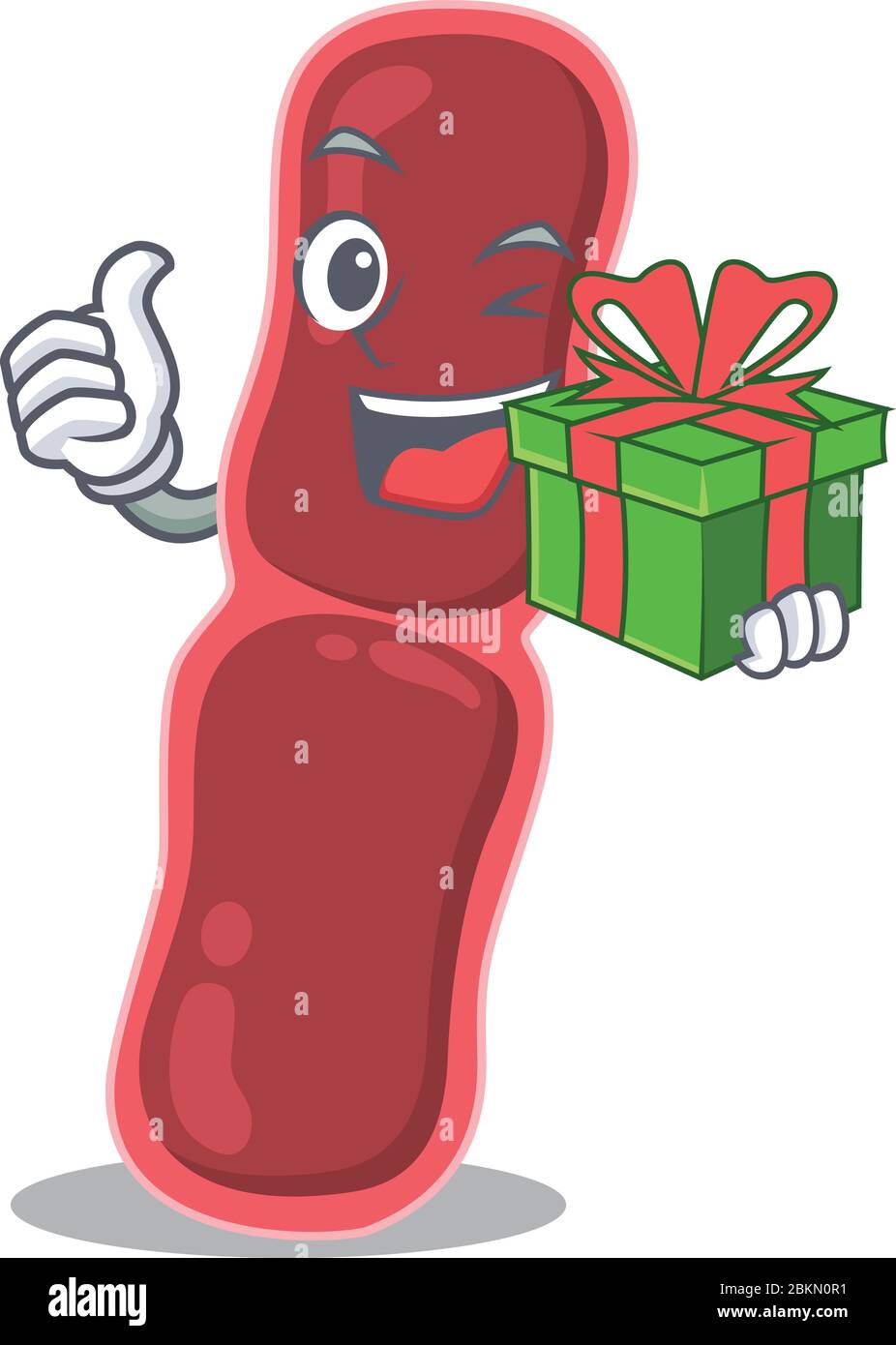 Smiling bacillus bacteria cartoon character having a green gift box ...