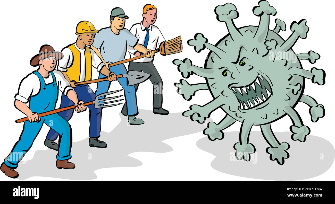 Cartoon style illustration of a farmer, construction worker, cleaner ...