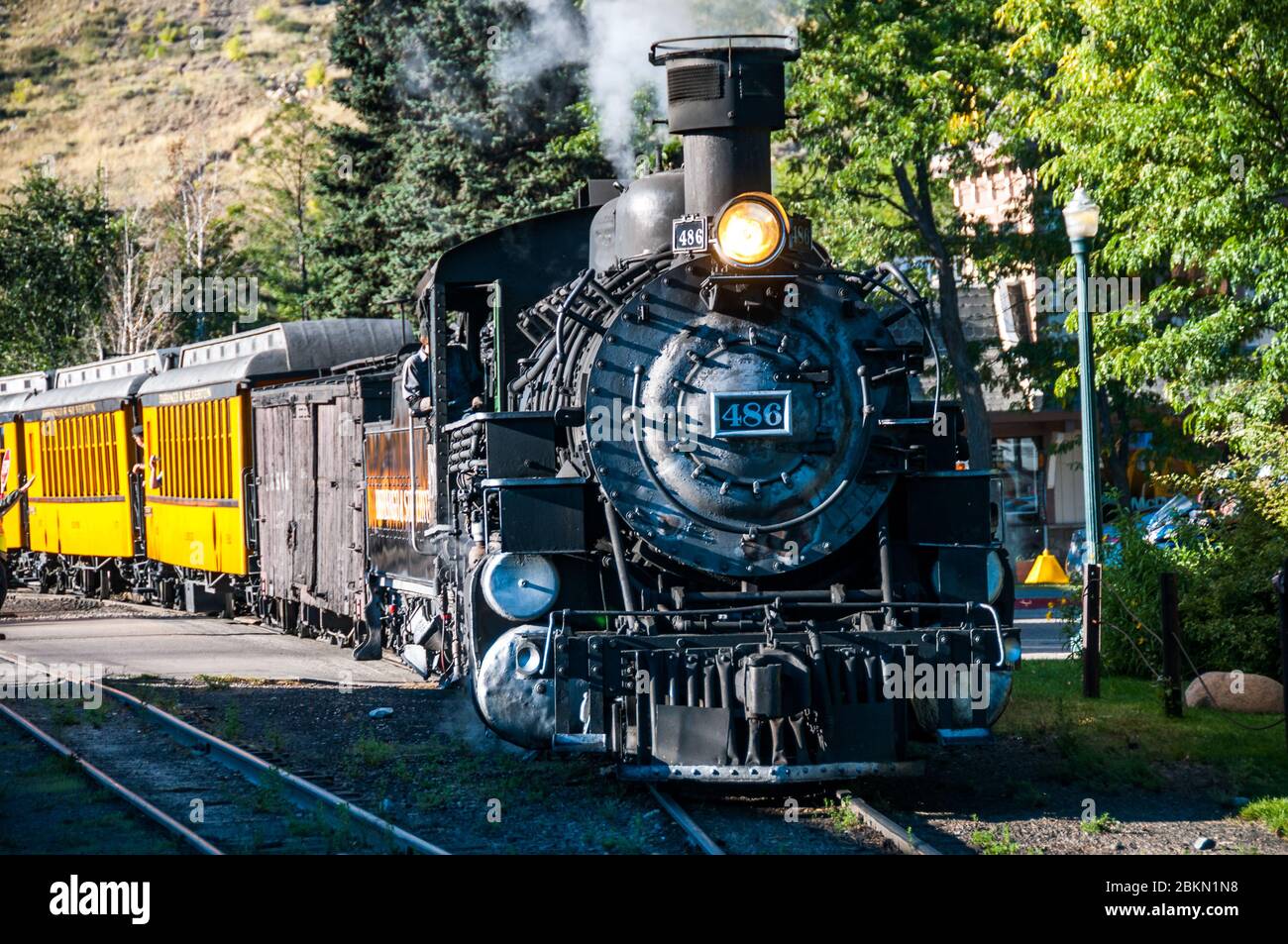 K-36 class no. 486 leaving Durango station on the Durango & Silverton ...