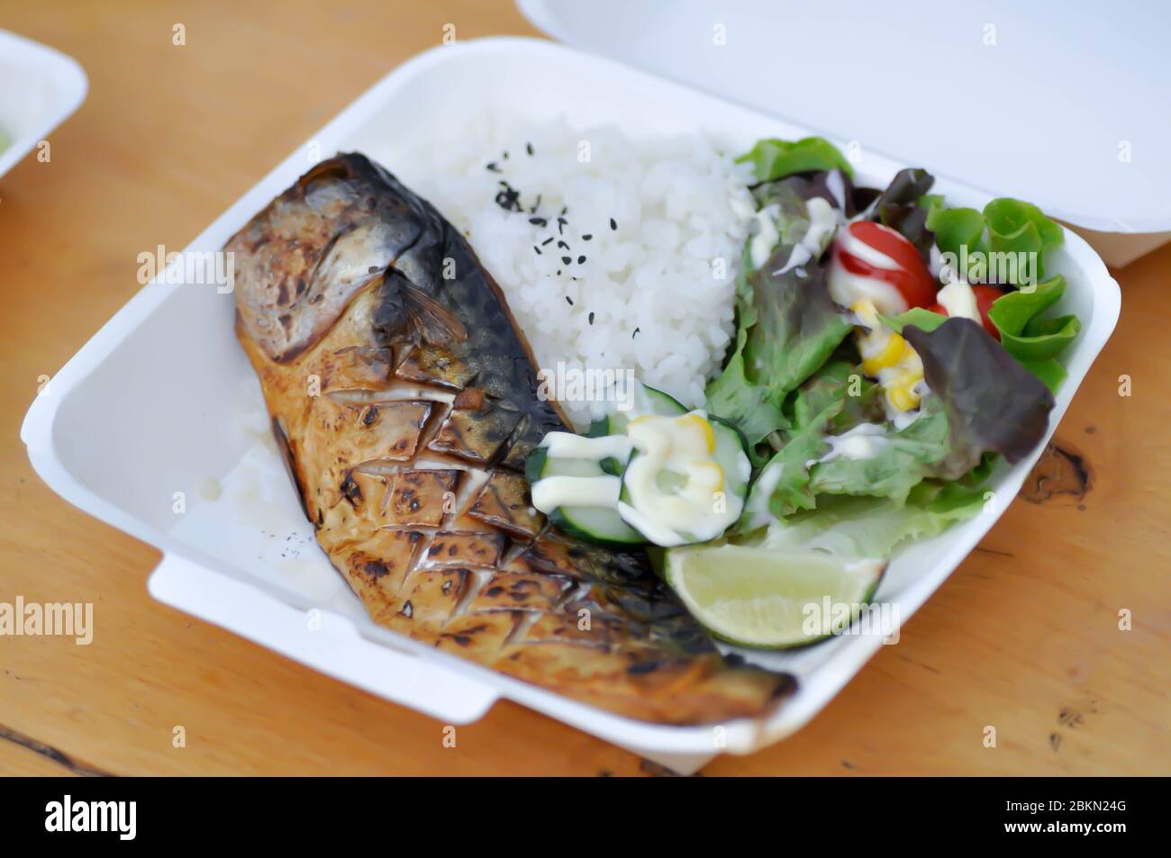 grilled blue mackerel, grilled fish or grilled saba and rice Stock ...