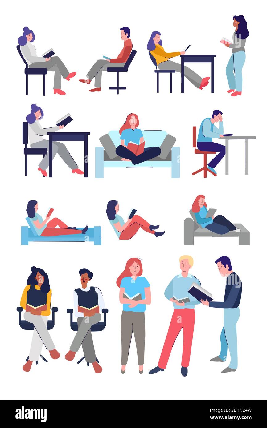 collection set of cartoon character male female sitting and standing ...