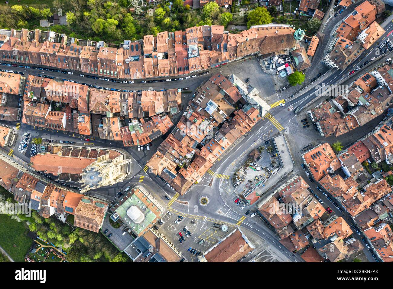 Top down view of the Fribourg medieval old town with its cathedral in ...