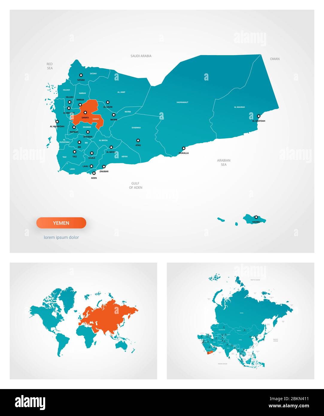 Editable template of map of Yemen with marks. Yemen on world map and on ...
