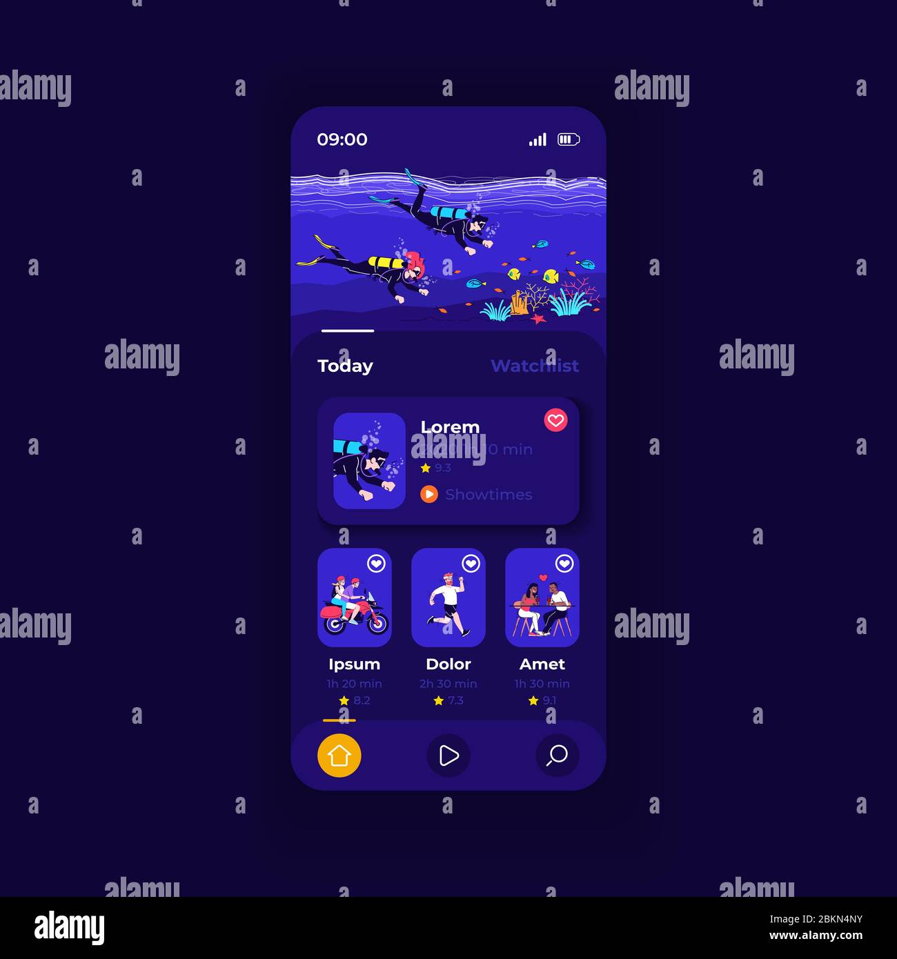 Video streaming application smartphone interface vector template. Mobile app page dark design ...
