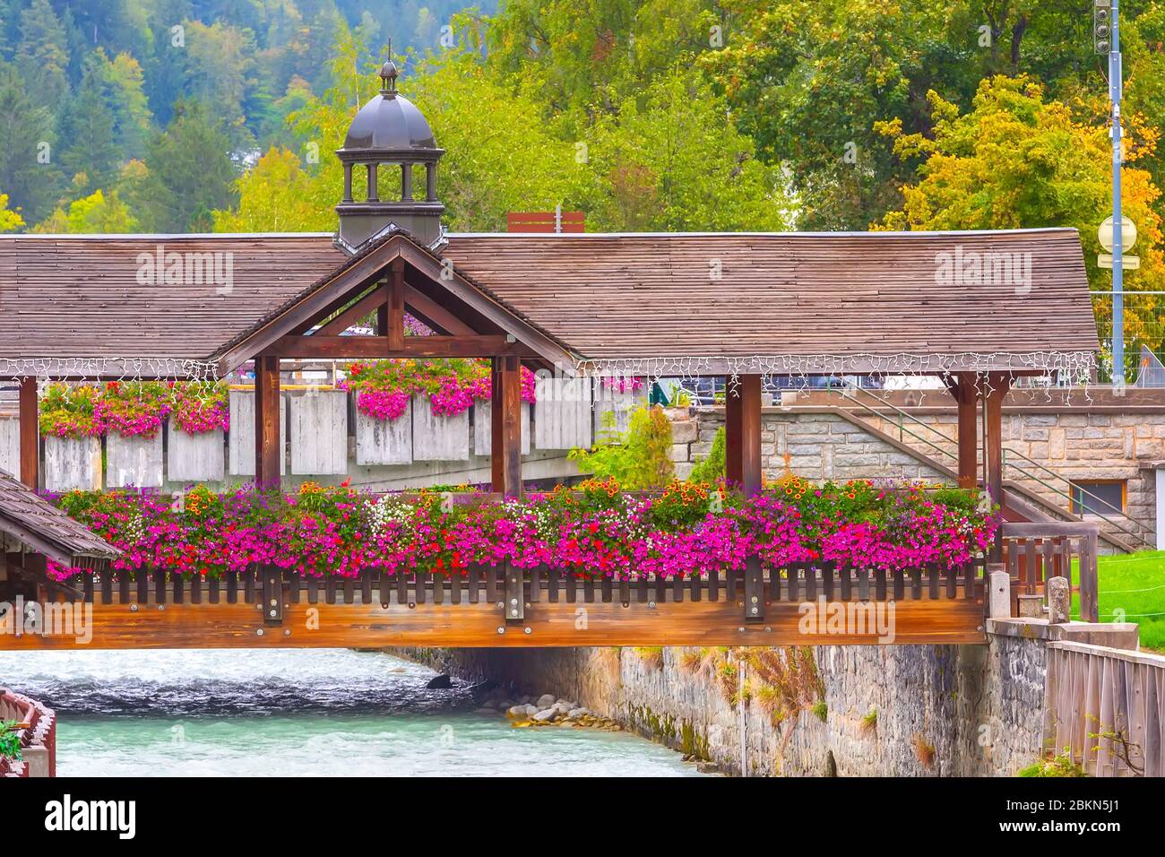 Chamonix Mont-Blanc, France, river Arve and bridge decorated with ...