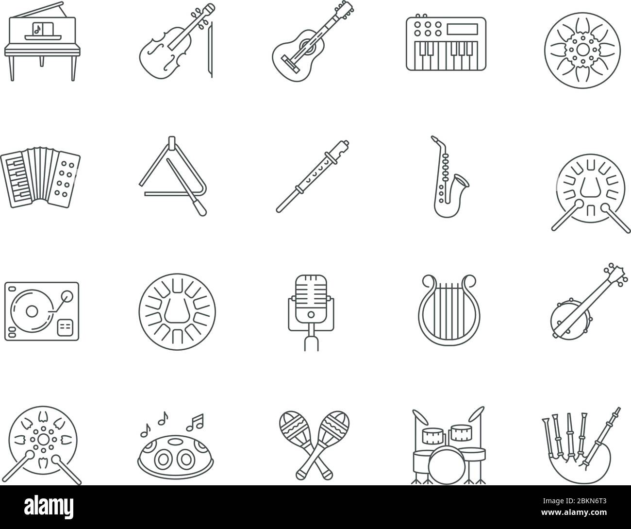 Classical musical instrument pixel perfect linear icons set Stock ...