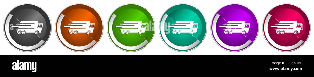 Speed transport icon set, fast delivery, truck silver metallic chrome ...