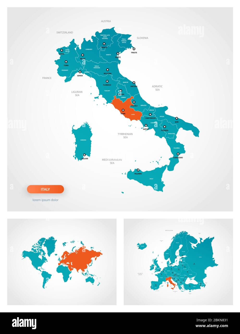 Editable template of map of Italy with marks. Italy on world map and on ...