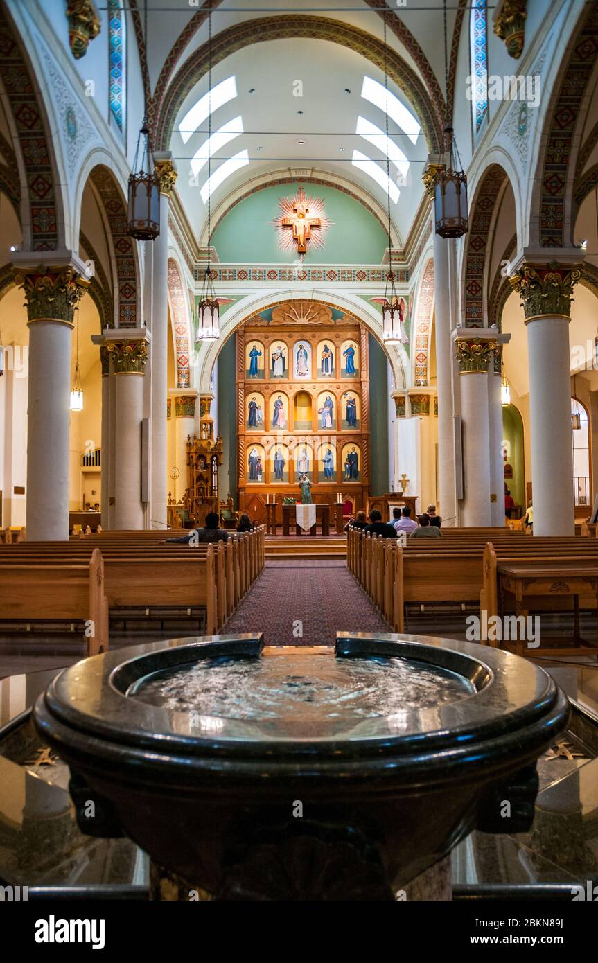 The nave and font in the Roman Catholic St Francis Cathedral in Santa ...