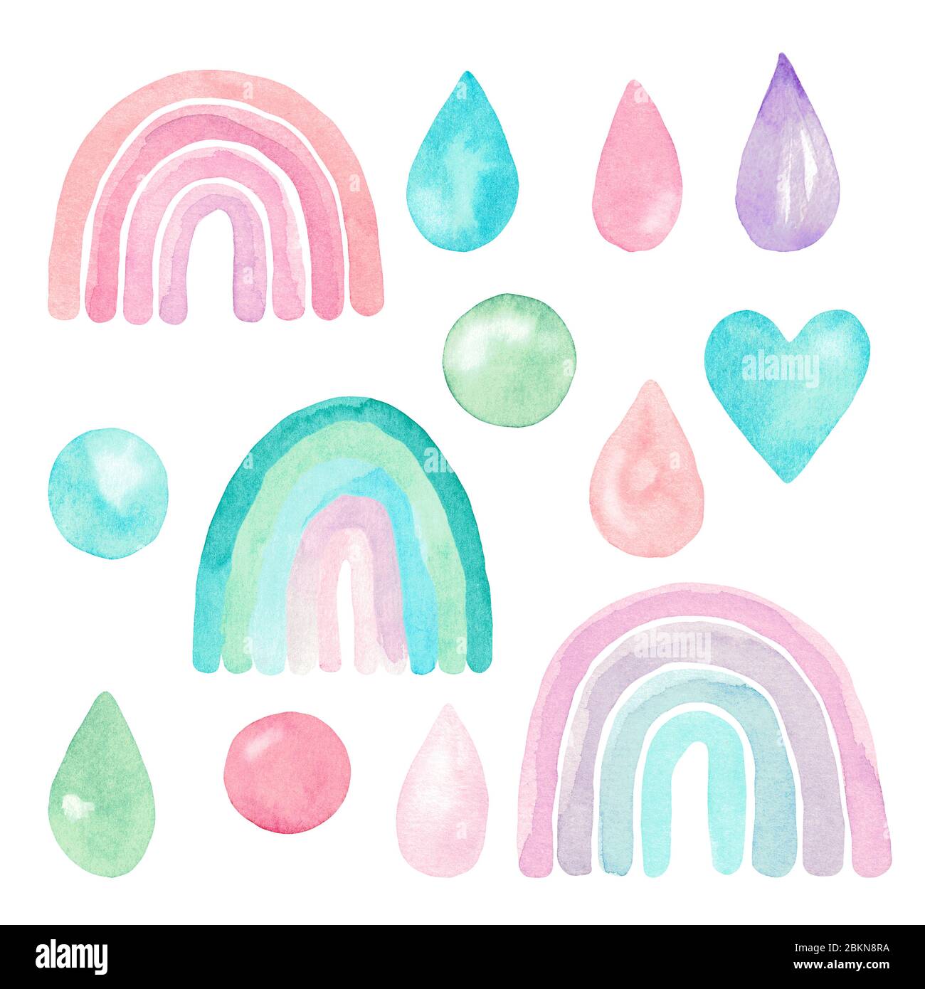 Watercolor illustration set of pastel fantasy rainbows, rain, drop ...