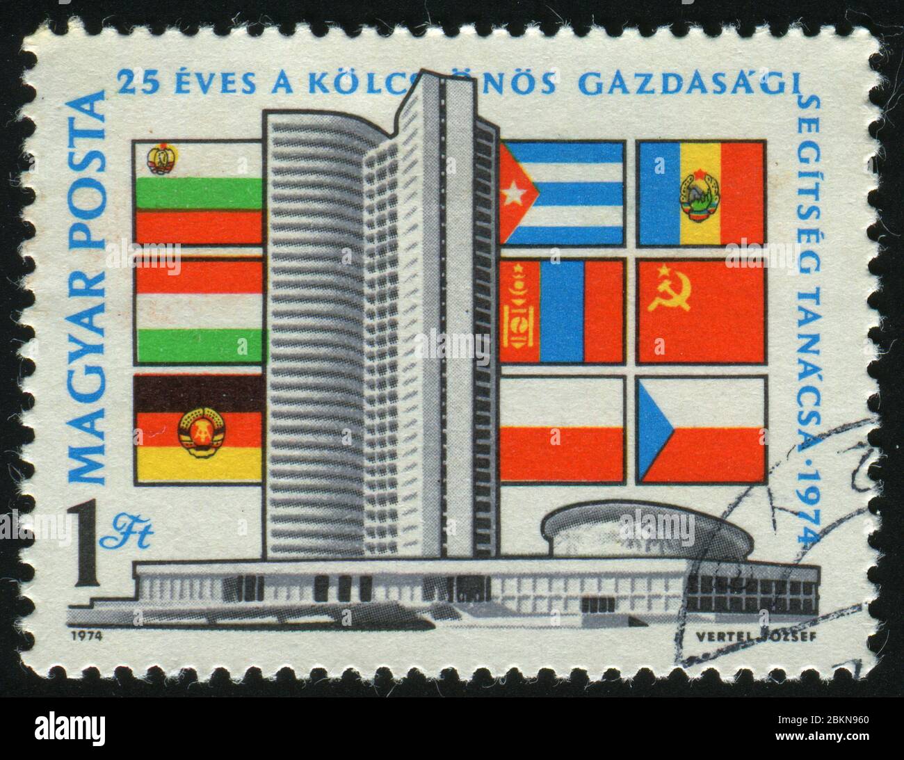 HUNGARY - CIRCA 1974: Comecon Building Moscow and Flags, circa 1974 ...