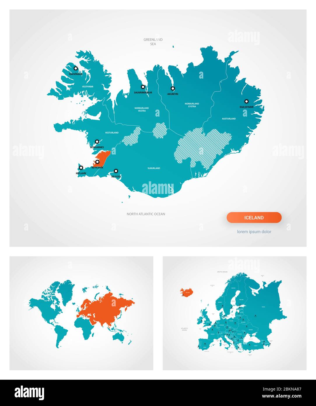 Editable template of map of Iceland with marks. Iceland on world map ...