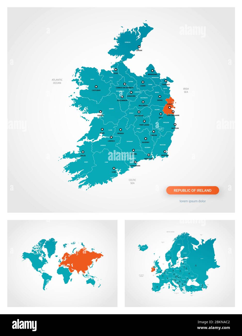 Editable template of map of Ireland with marks. Ireland on world map ...