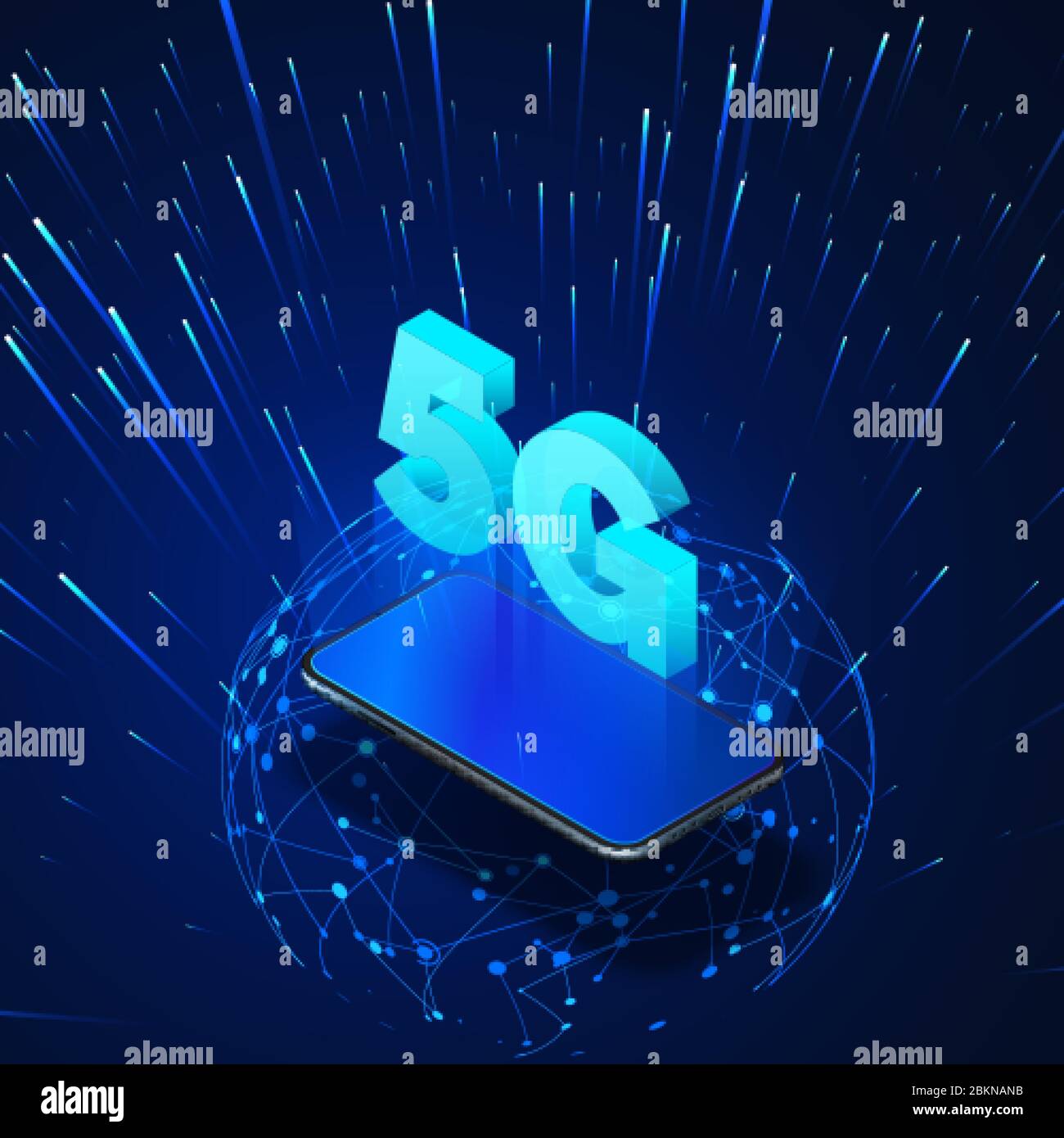 5g. Mobile phone with 5g hologram and global network isometric banner ...