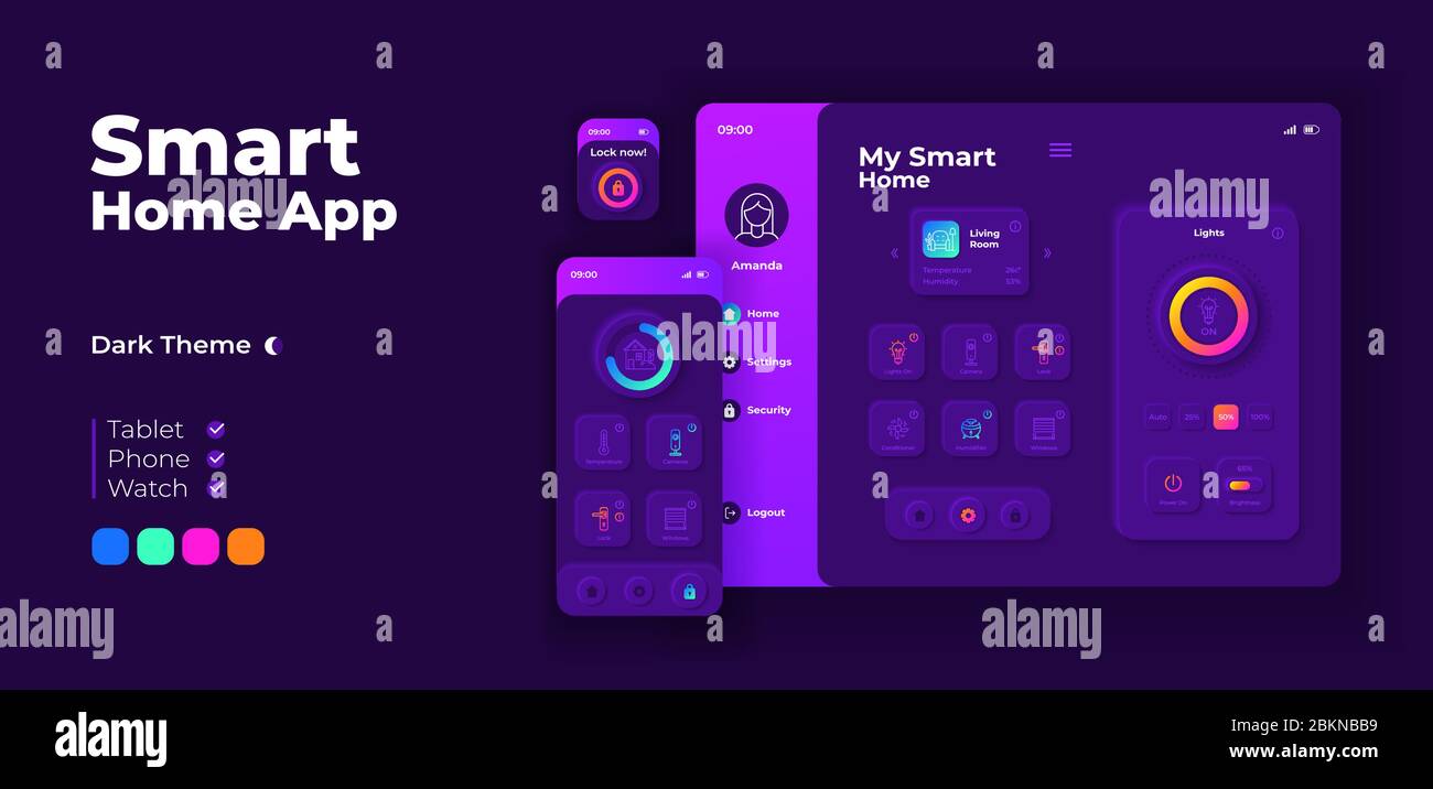 Smart home app screen vector adaptive design template. Household automation application night ...
