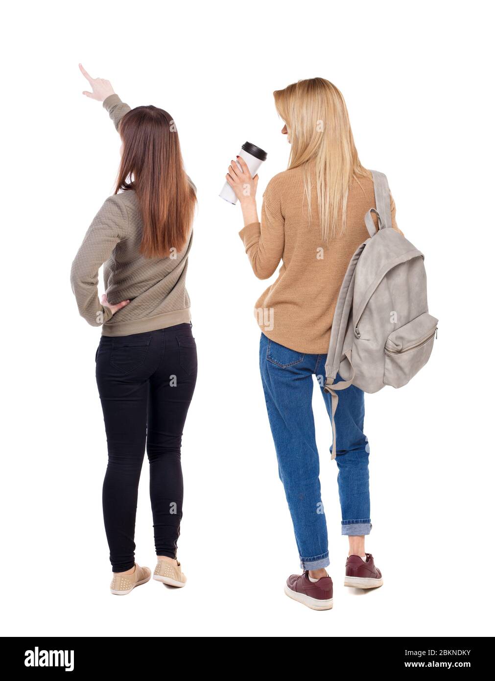 Back view of two pointing girl in sweater. Rear view people collection ...