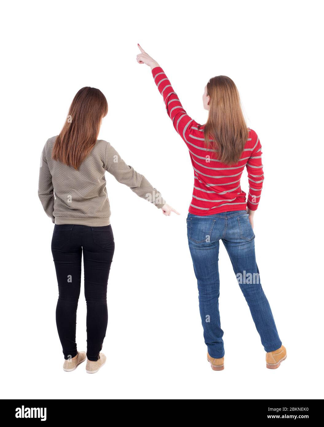 Back view of two pointing girl in sweater. Rear view people collection ...
