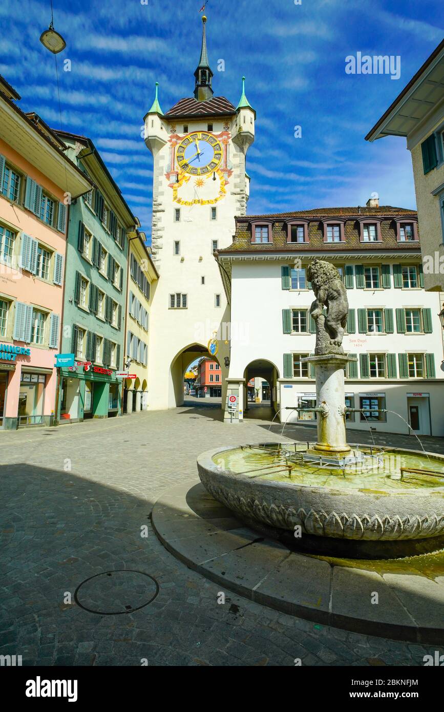View of 54 m height Medieval Clock Tower in Old Town Baden in canton ...
