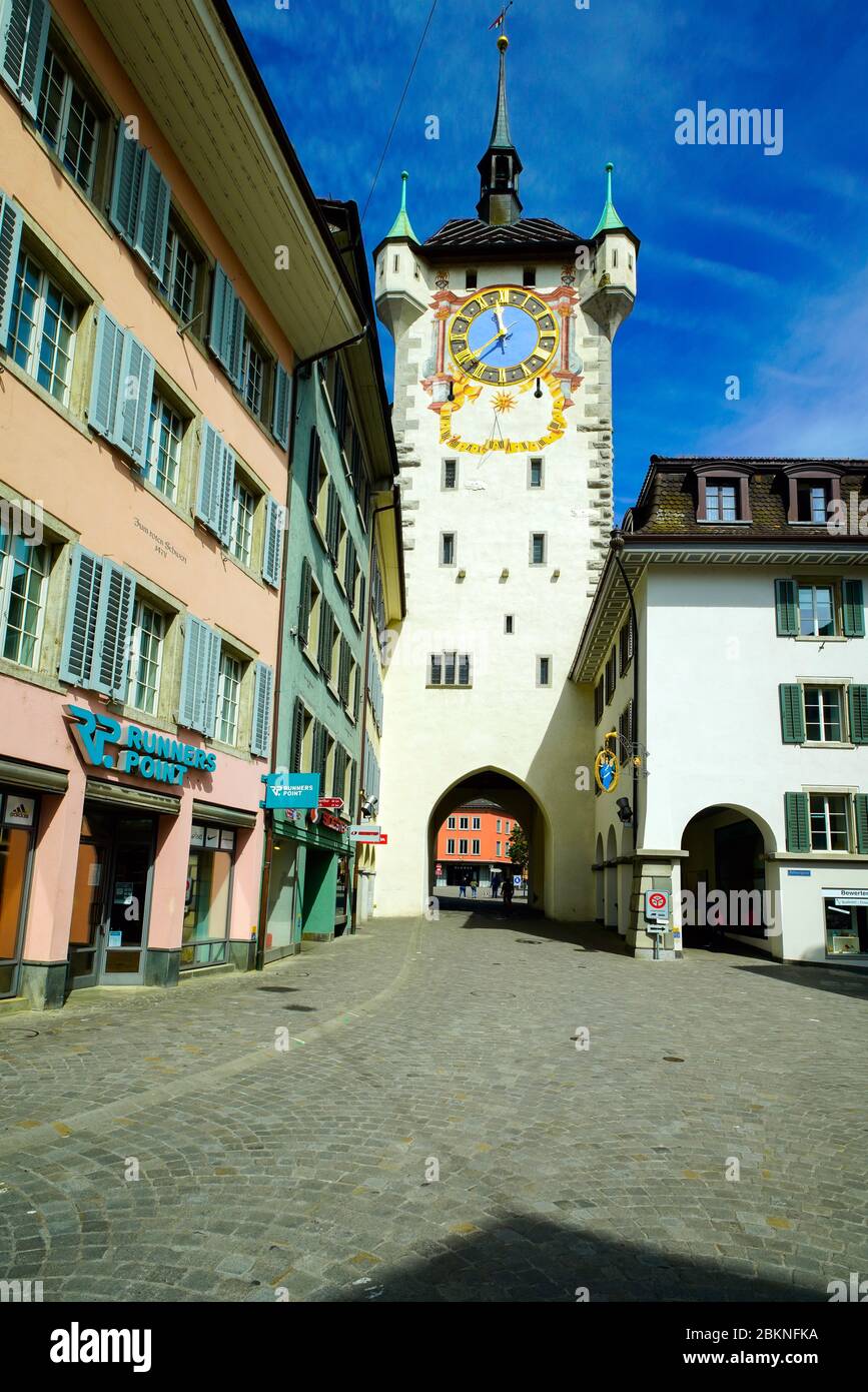 View of 54 m height Medieval Clock Tower in Old Town Baden in canton ...
