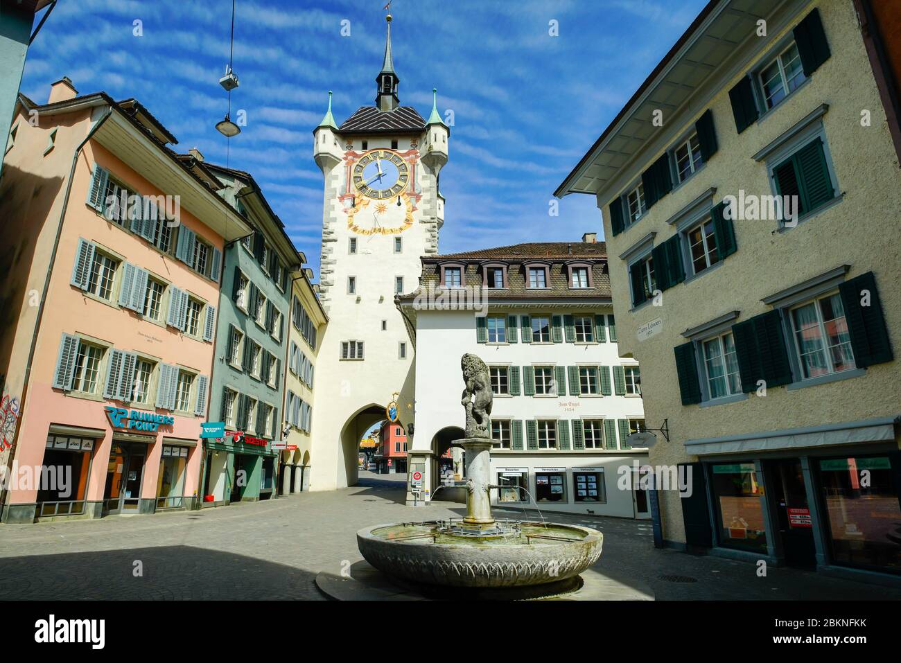 View of 54 m height Medieval Clock Tower in Old Town Baden in canton ...