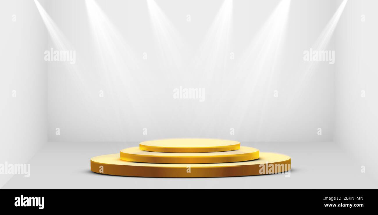 Round golden podium, pedestal or platform illuminated by spotlights on ...