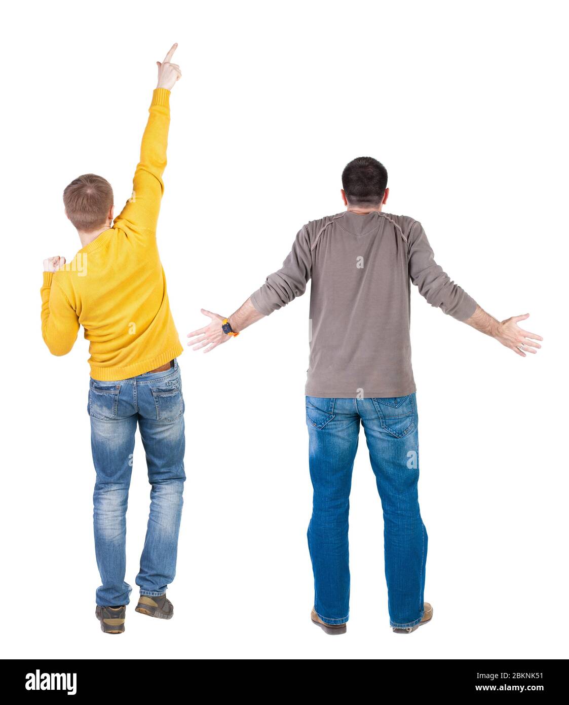 Back view of two man in sweater pointing. Rear view people collection ...