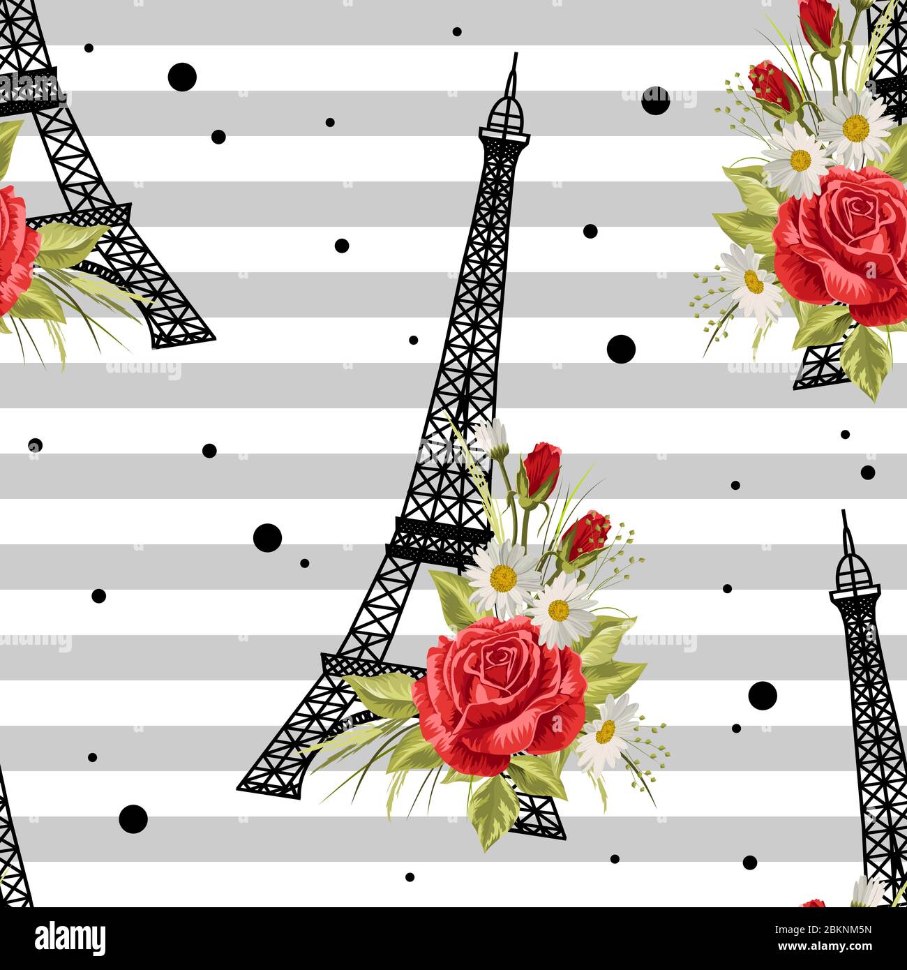 Seamless floral pattern with Eiffel towers on striped background ...