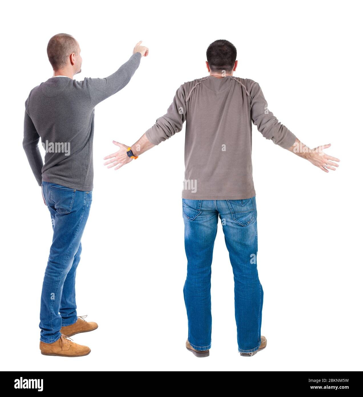Back view of two man in sweater pointing. Rear view people collection ...