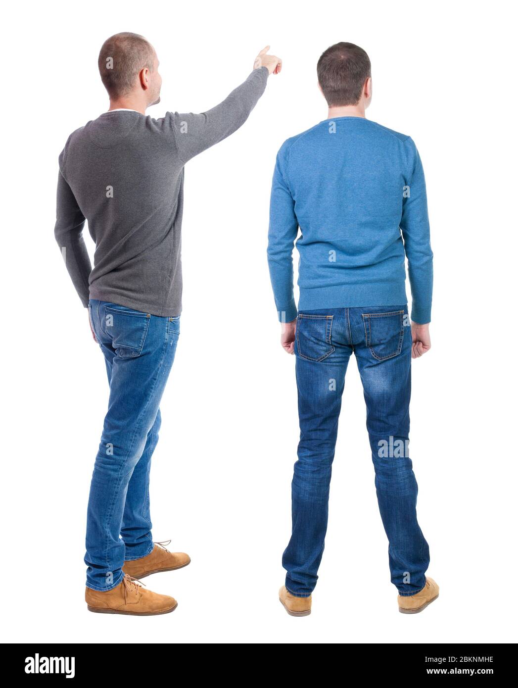 Back view of two man in sweater pointing. Rear view people collection ...