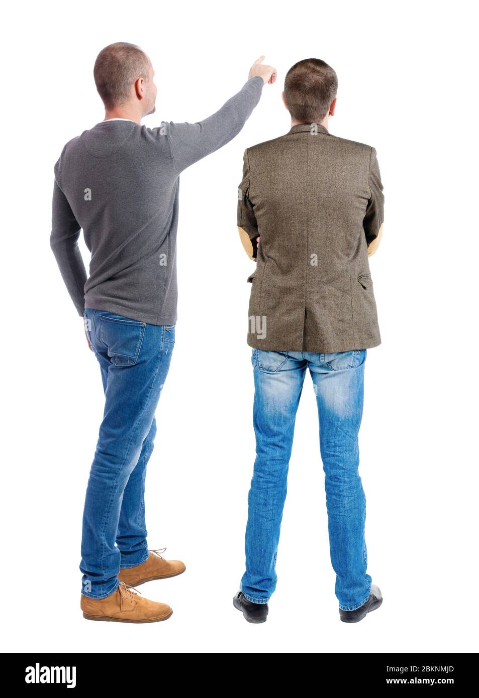 Back view of two man in sweater pointing. Rear view people collection ...