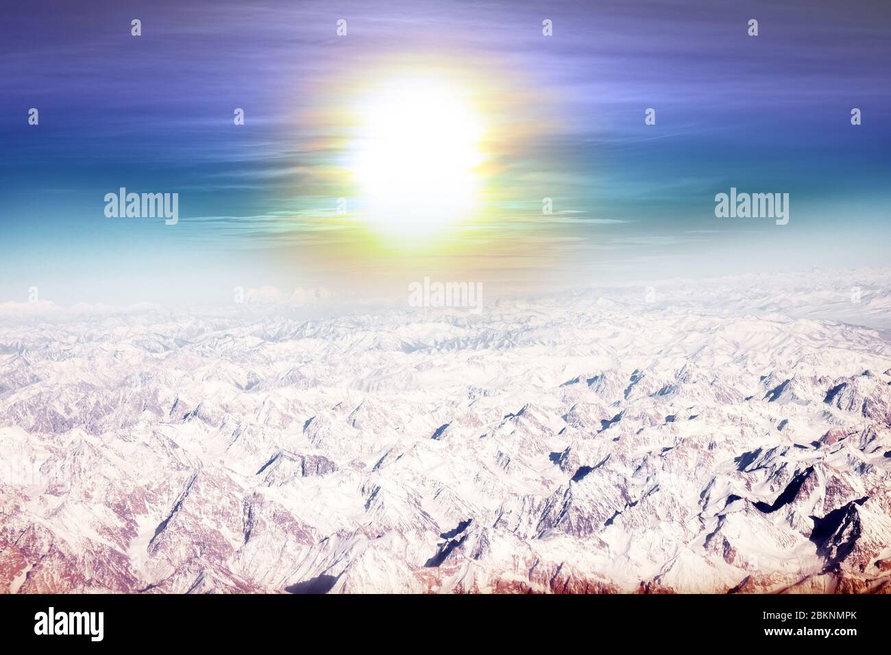 Sunny mountain landscape with Himalayas. Aerial view of mountain and ...