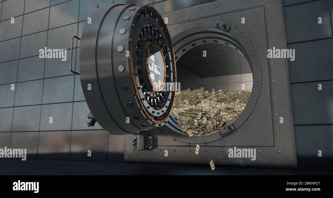 Bank vault doors open and piles of dollars are poured out. 3D render ...