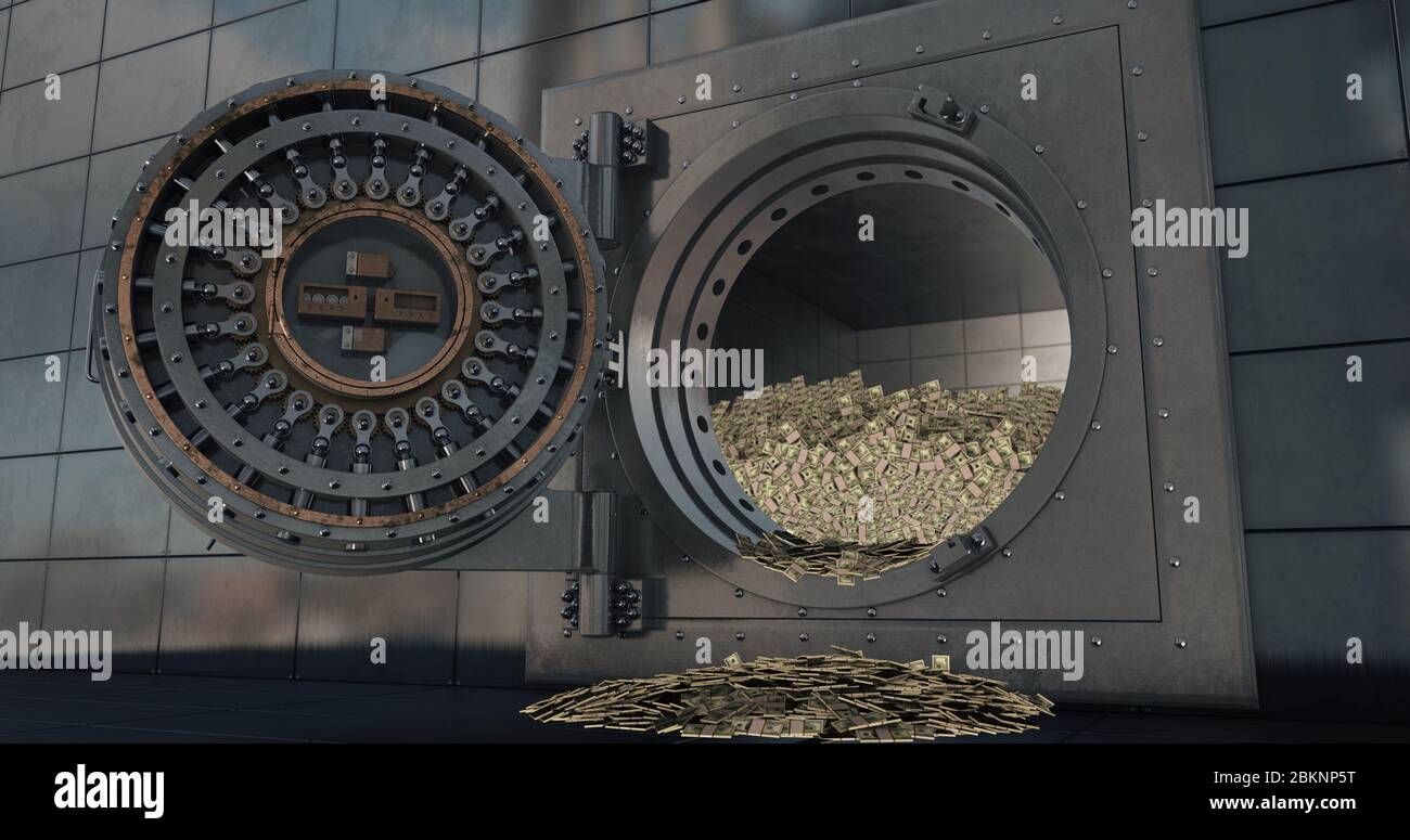 Bank vault doors open and piles of dollars are poured out. 3D render Stock Photo - Alamy
