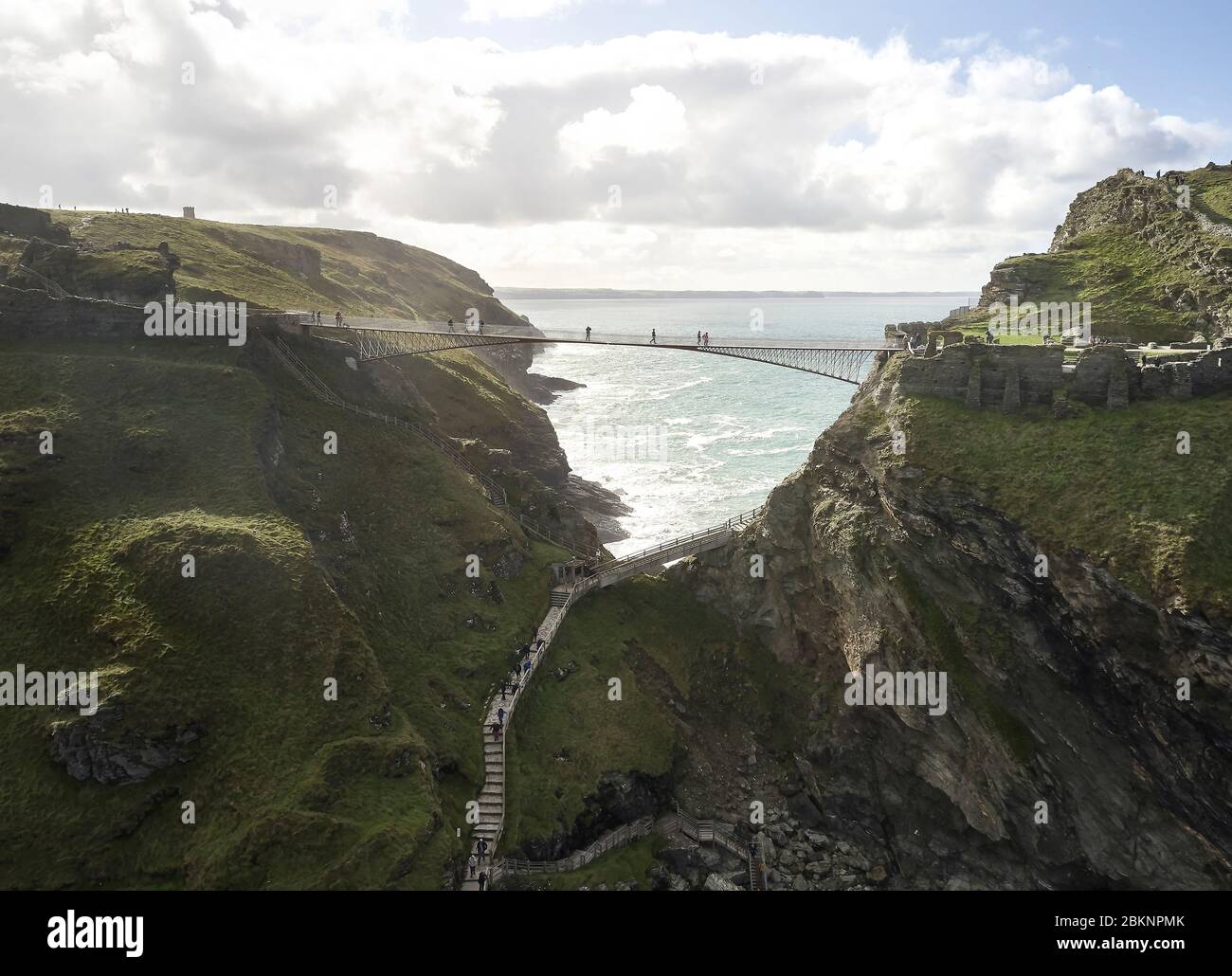 Elevated view with visitors walking on bridge. Tintagel Bridge ...