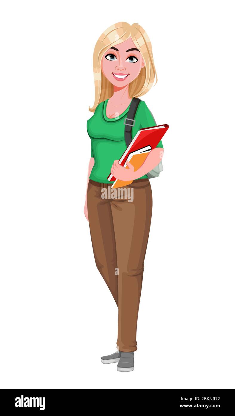 Young happy student girl. Cheerful female teenager student cartoon ...