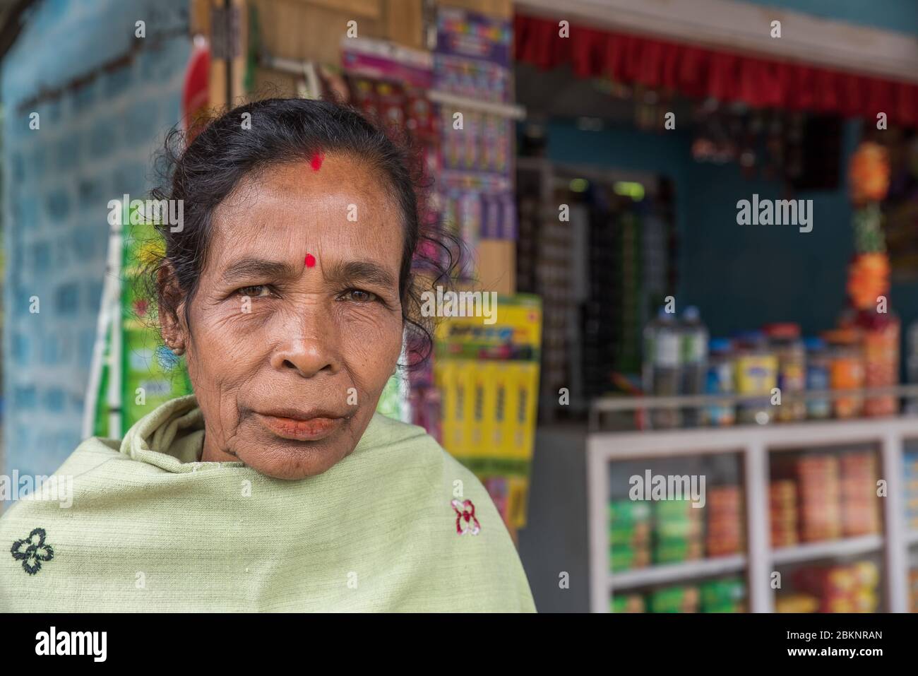 Close-up portrait of an elegant older Indian lady beside a roadside ...
