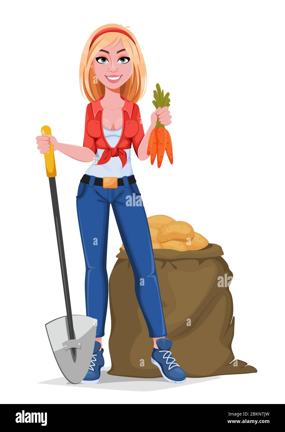 Happy smiling farm girl holding shovel and carrots. Beautiful farmer ...